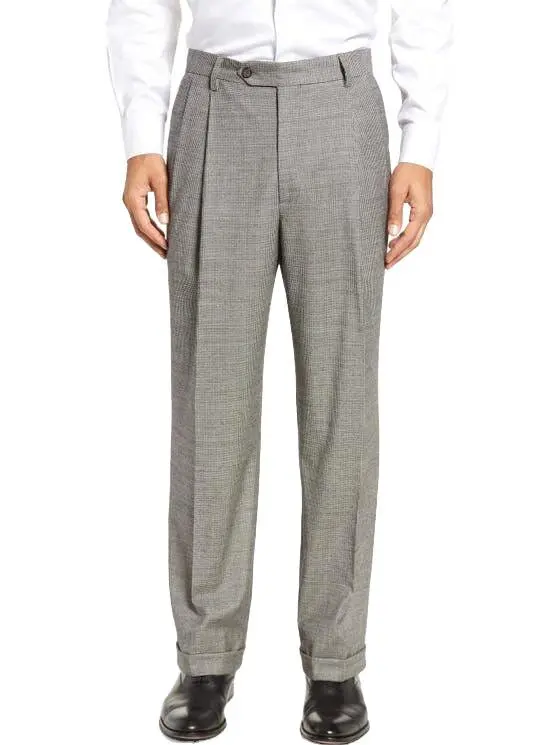 Berle Touch Finish Pleated Houndstooth Classic Fit Stretch Wool Dress Pants - Black/white