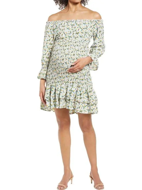 SAVI MOM Daisy Flora Off The Shoulder Ruffle Maternity Dress - Multi