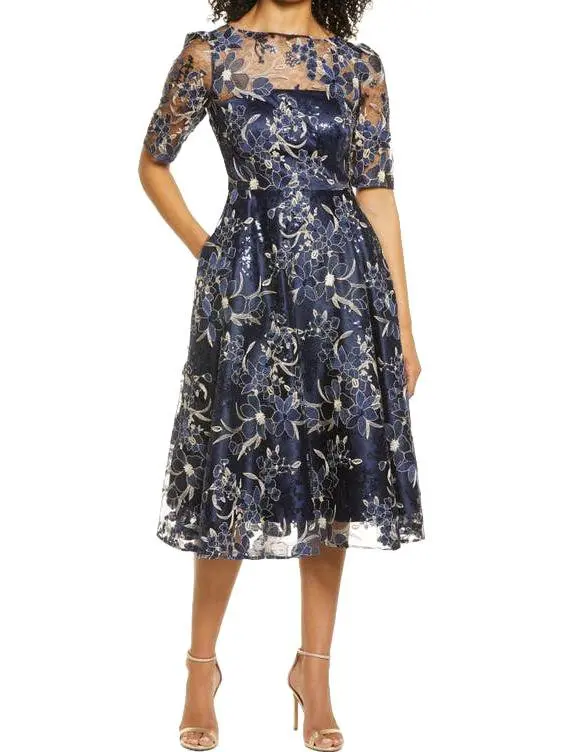Eliza J Sequin Floral Embroidery Fit & Flare Midi Dress - Navy