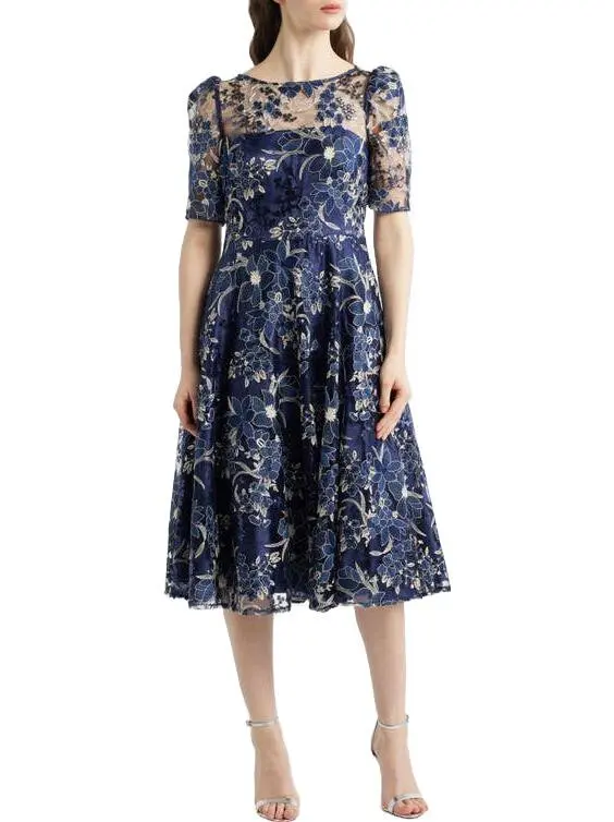 Eliza J Sequin Floral Embroidery Fit & Flare Midi Dress - Navy