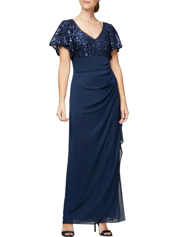 Alex Evenings Sequin Lace And Ruched Chiffon Gown - Navy