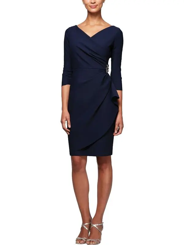 Alex Evenings Embellished Ruched Sheath Cocktail Dress - Navy