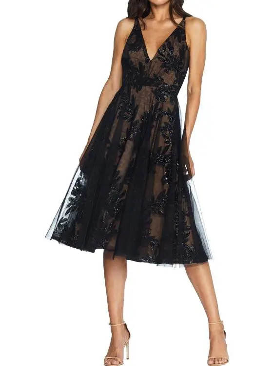 Dress The Population Courtney Sequin Lace Midi Dress - Black-nude
