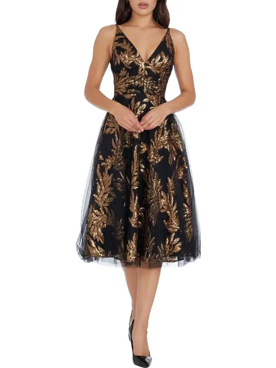 Dress The Population Courtney Sequin Lace Midi Dress - Gold Multi