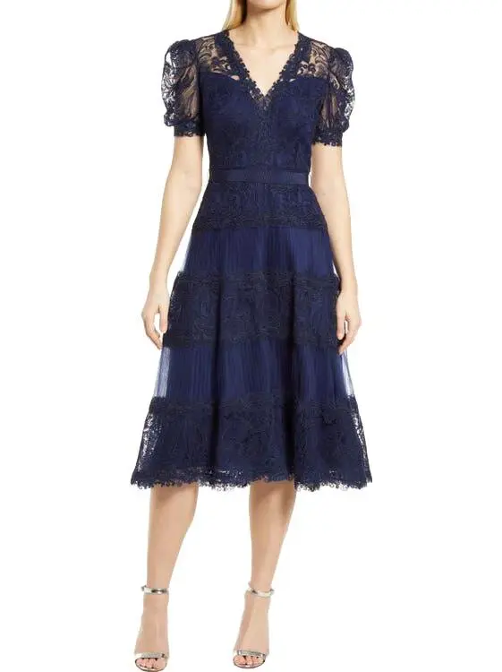 Tadashi Shoji Embroidered Lace Tiered Midi Dress - Royal Navy