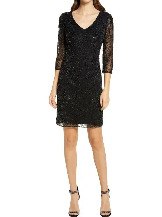 Pisarro Nights Beaded V-neck Cocktail Dress - Black