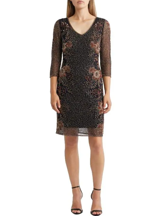 Pisarro Nights Beaded V-neck Cocktail Dress - Black/copper