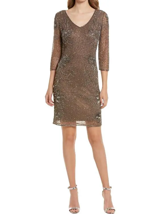 Pisarro Nights Beaded V-neck Cocktail Dress - Mocha