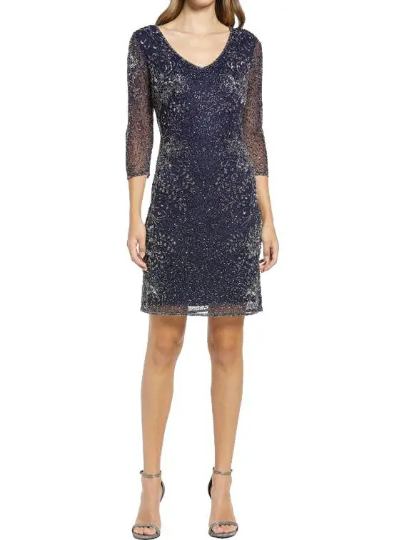 Pisarro Nights Beaded V-neck Cocktail Dress - Navy