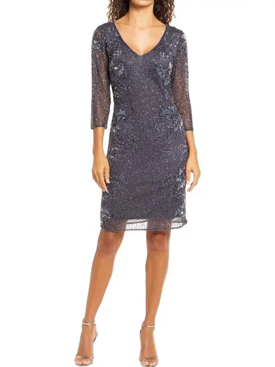 Pisarro Nights Beaded V-neck Cocktail Dress - Slate