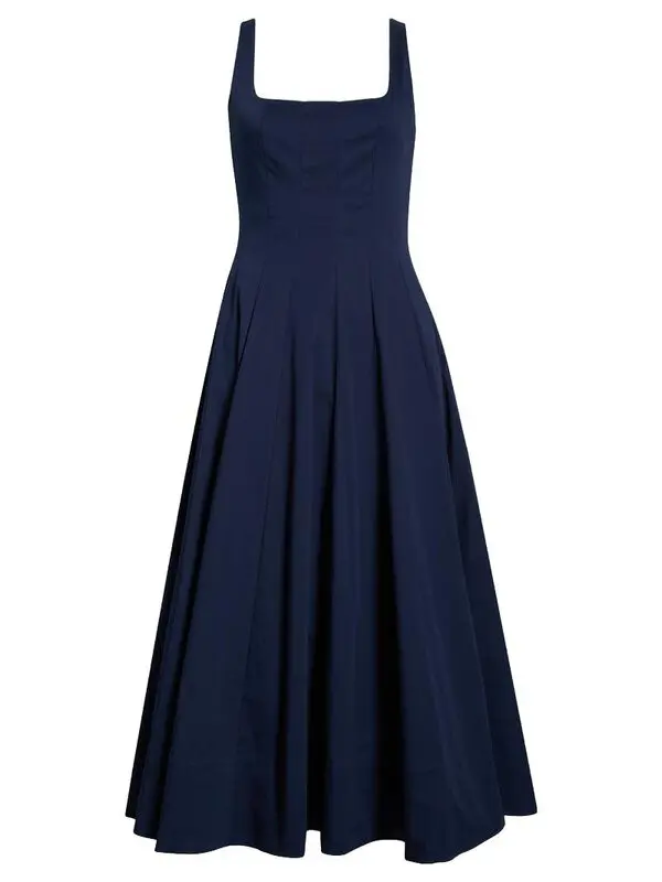 Staud Wells Stretch Cotton Poplin Midi Fit & Flare Dress - Navy