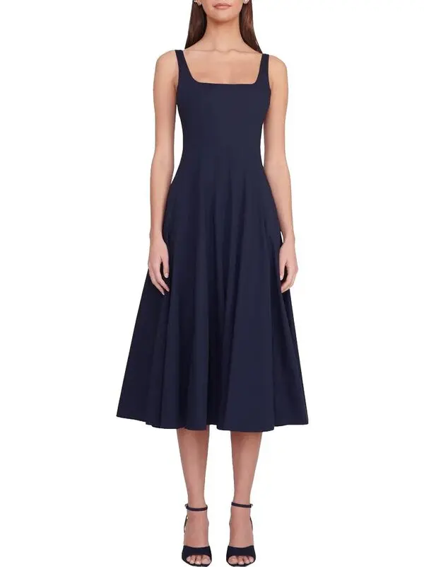 Staud Wells Stretch Cotton Poplin Midi Fit & Flare Dress - Navydnu