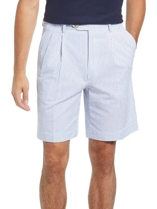Berle Pleated Seersucker Shorts - Light Blue
