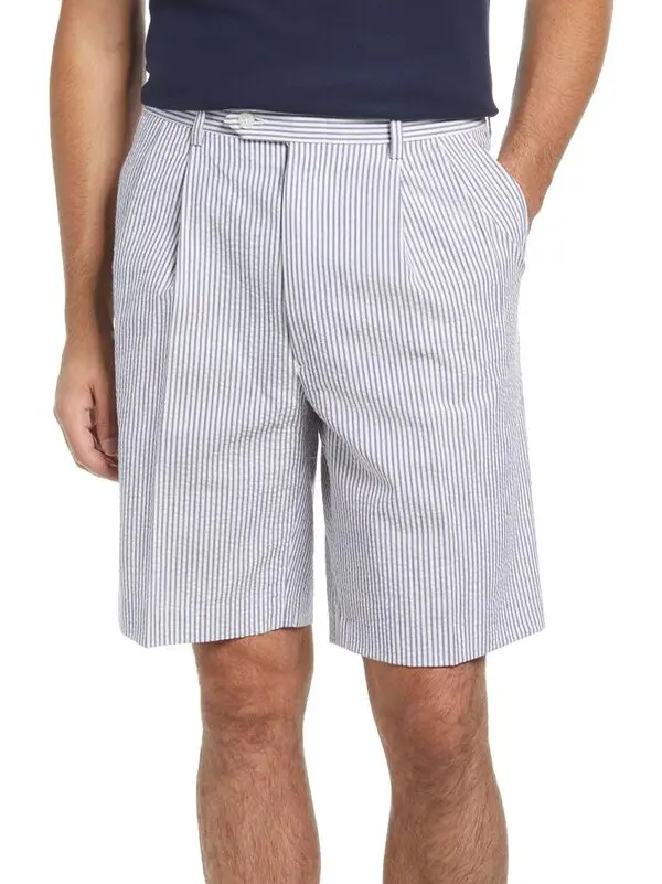 Berle Pleated Seersucker Shorts - Navy