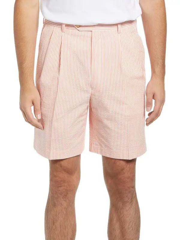 Berle Pleated Seersucker Shorts - Orange