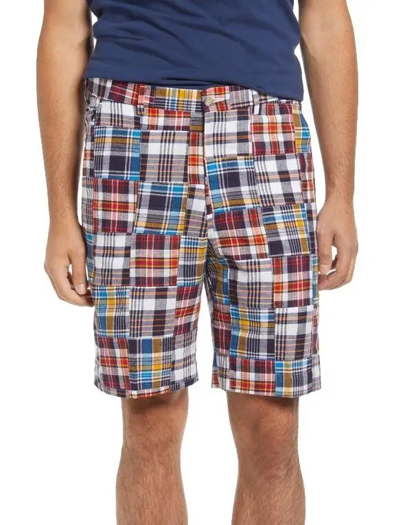 Berle Patchwork Madras Flat Front Shorts - Blue