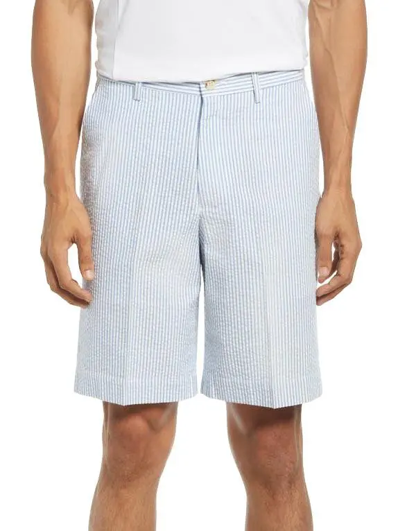 Berle Flat-front Seersucker Shorts - Light Blue