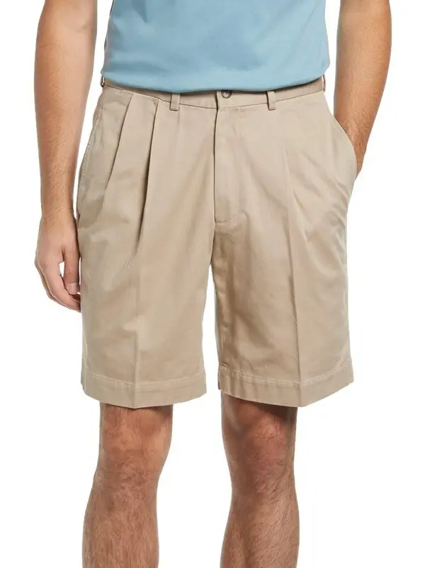 Berle Charleston Pleated Chino Shorts - Khaki
