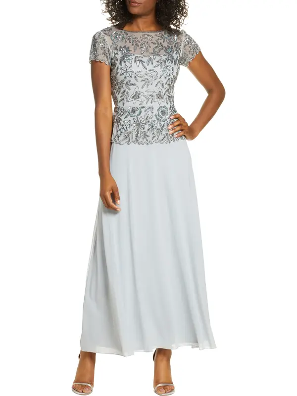 Pisarro Nights Beaded Mesh Mock Two-piece Gown - Ice