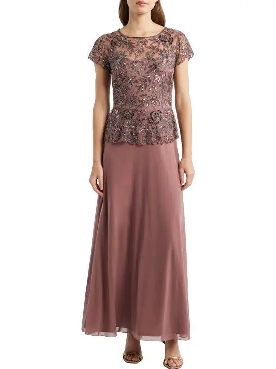 Pisarro Nights Beaded Mesh Mock Two-piece Gown - Mauve