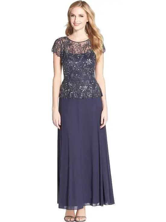 Pisarro Nights Beaded Mesh Mock Two-piece Gown - Slate