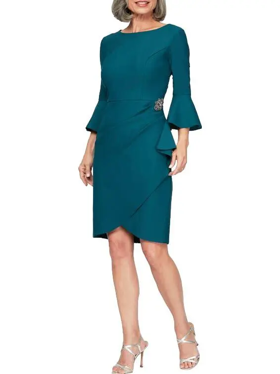Alex Evenings Bell Sleeve Sheath Cocktail Dress - Deep Teal