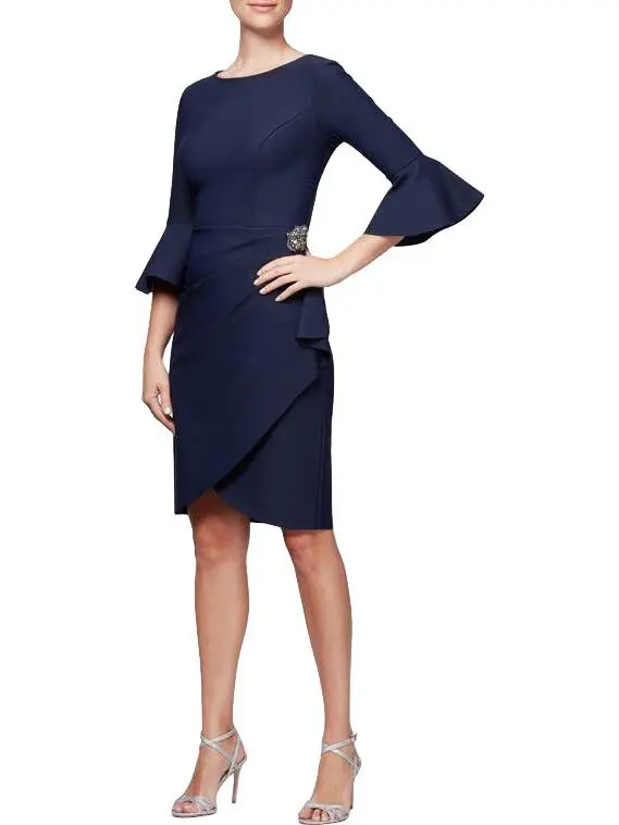 Alex Evenings Bell Sleeve Sheath Cocktail Dress - Navy