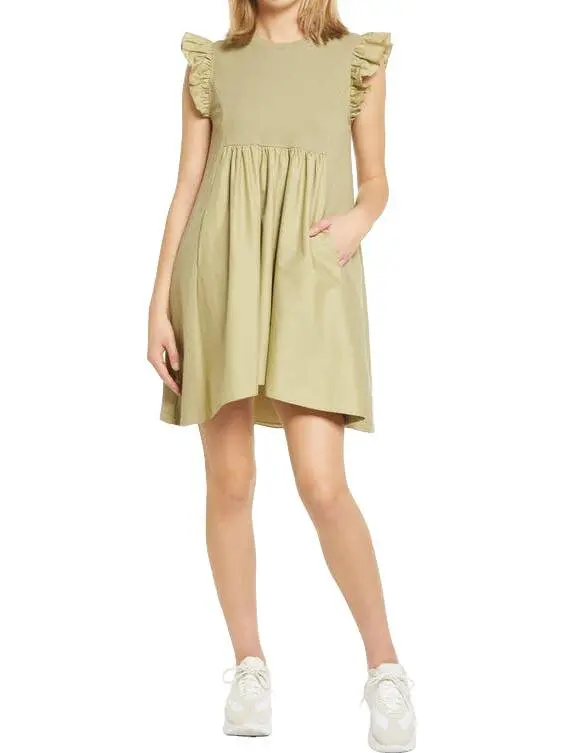 English Factory Mixed Media Ruffle Dress - Olive