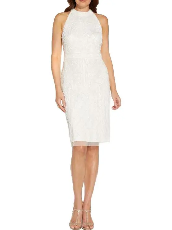 Adrianna Papell Beaded T-back Cocktail Sheath Dress - Ivory