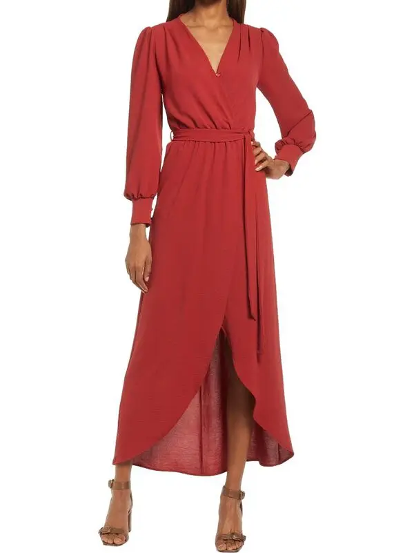 Fraiche By J Long Sleeve Faux Wrap Dress - Rust