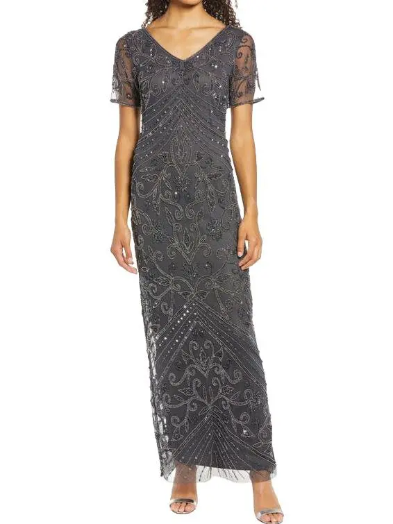 Pisarro Nights Beaded Mesh Gown - Grey