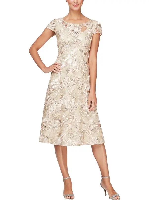 Alex Evenings Sequin Floral Cocktail Dress - Champagne
