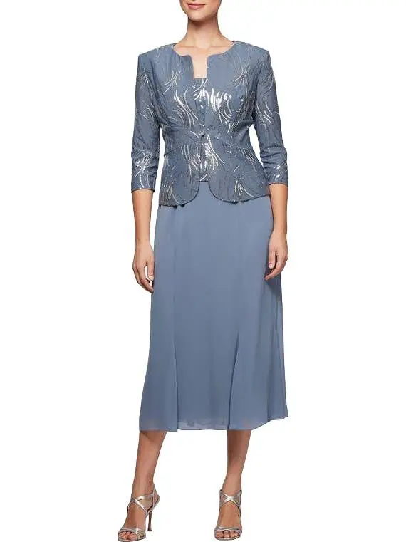 Alex Evenings Midi Dress And Jacket - Steel Blue
