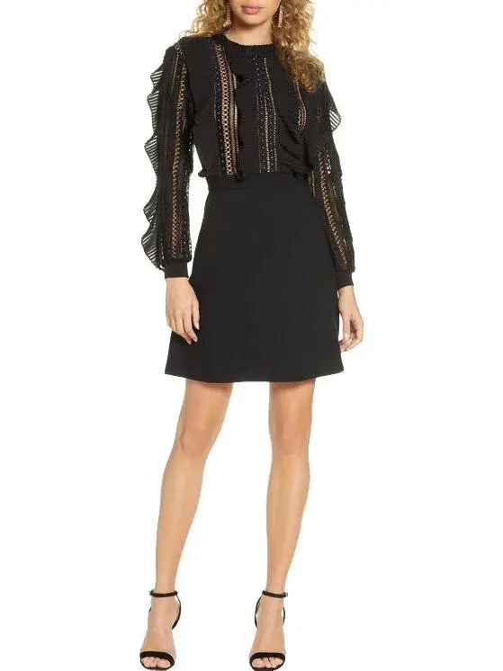 French Connection Patricia Long Sleeve Lace Dress - Black/black