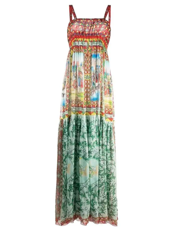 Dolce & Gabbana Carretto-print Long Chiffon Dress - Green