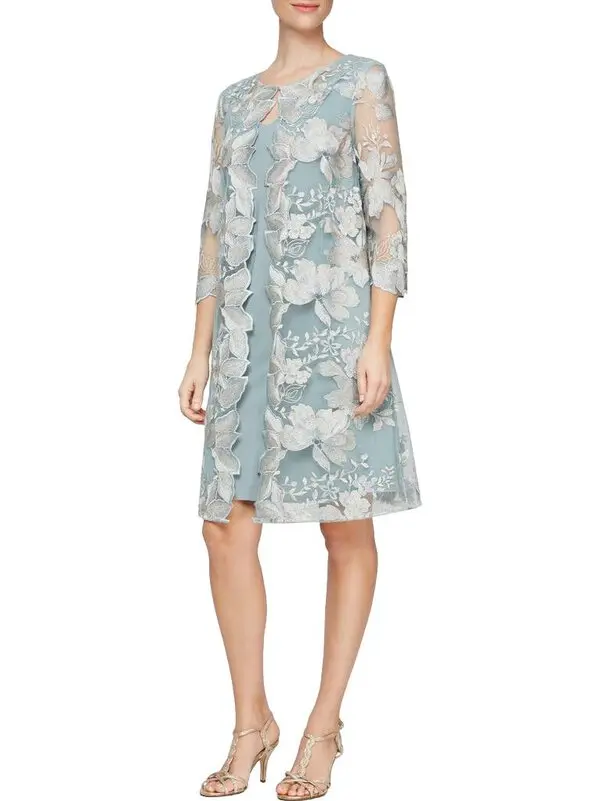 Alex Evenings Embroidered Mock Jacket Cocktail Dress - Ice Sage