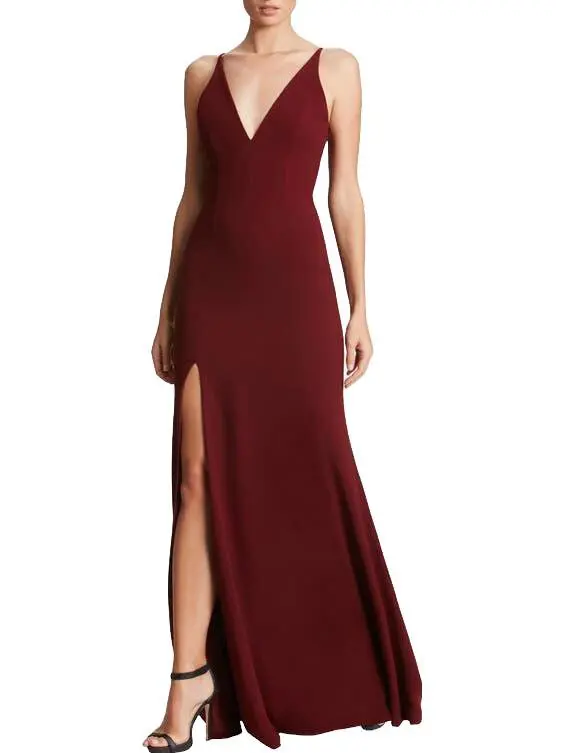Dress The Population Iris Slit Crepe Gown - Burgundy