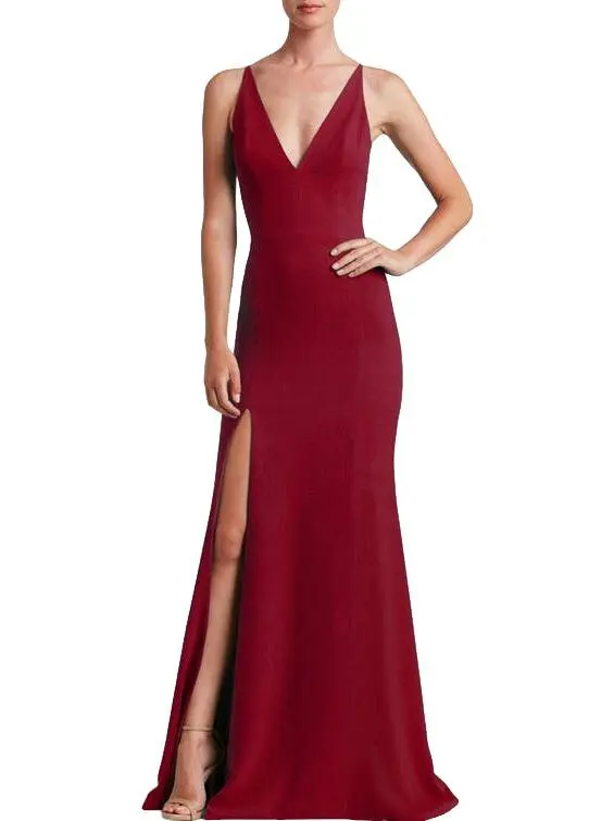 Dress The Population Iris Slit Crepe Gown - Garnet