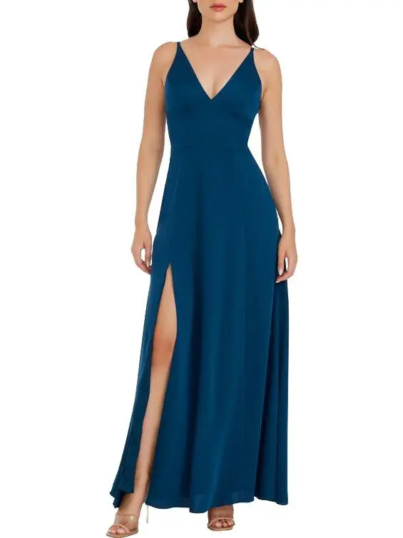 Dress The Population Iris Slit Crepe Gown - Peacock Blue