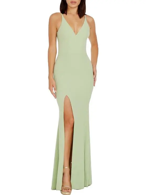 Dress The Population Iris Slit Crepe Gown - Sage
