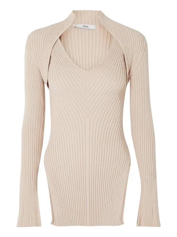 Safiyaa Nouvel Ribbed-knit Sweater And Tank Set - Pink