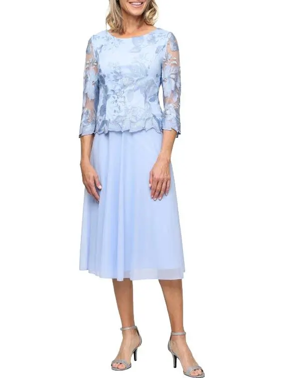 Alex Evenings Illusion Sleeve Embroidered Midi Dress - Hydrangea