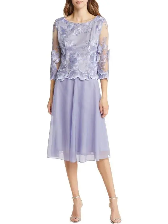 Alex Evenings Illusion Sleeve Embroidered Midi Dress - Lavender