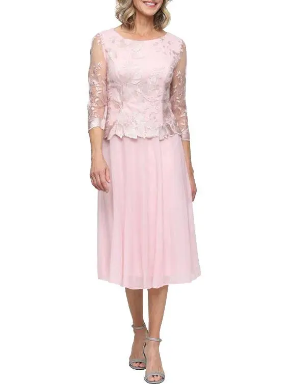 Alex Evenings Illusion Sleeve Embroidered Midi Dress - Shell Pink