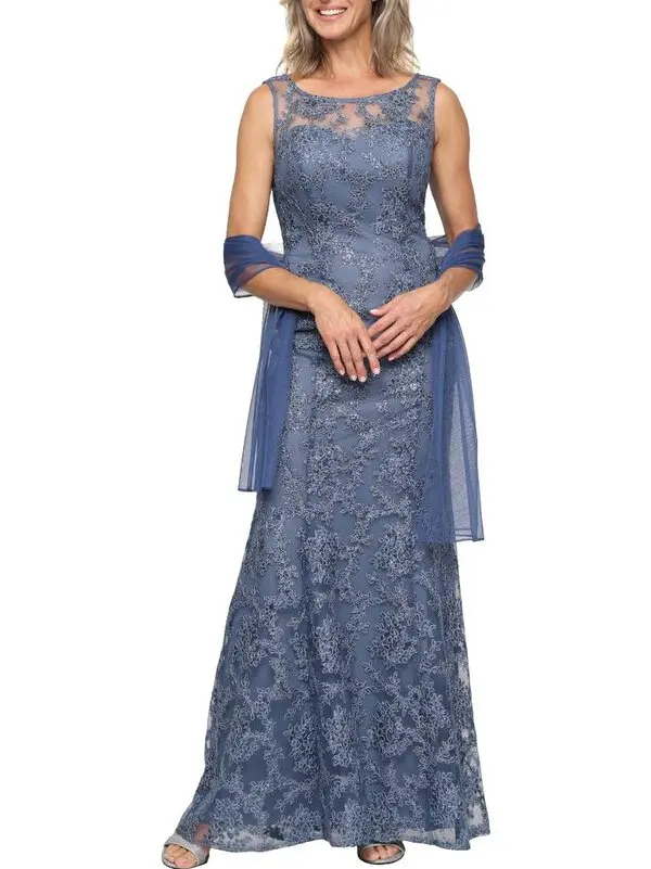Alex Evenings Sequin Sleeveless Gown With Shawl - Vintage Blue