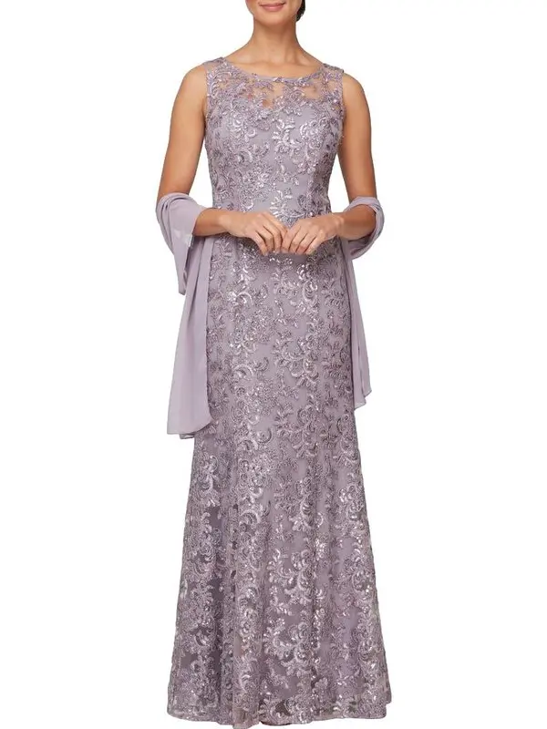 Alex Evenings Sequin Sleeveless Gown With Shawl - Wisteria