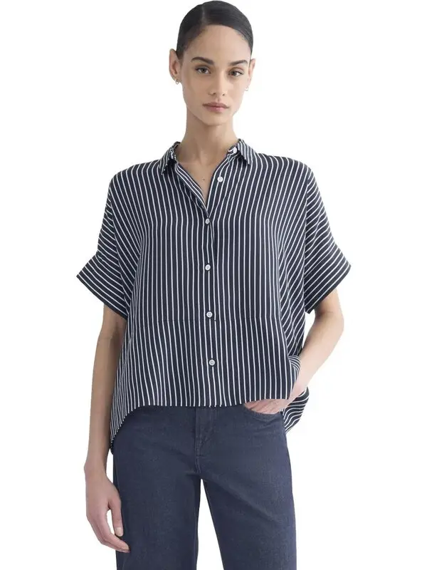 Everlane Washable Silk Boxy Shirt - True Navy/bone Stripe