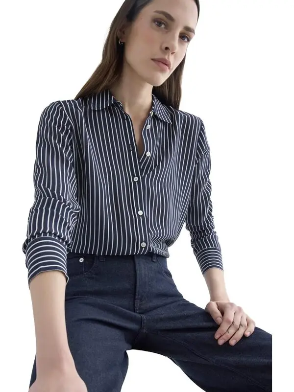 Everlane Washable Silk Shirt - True Navy/bone Stripe