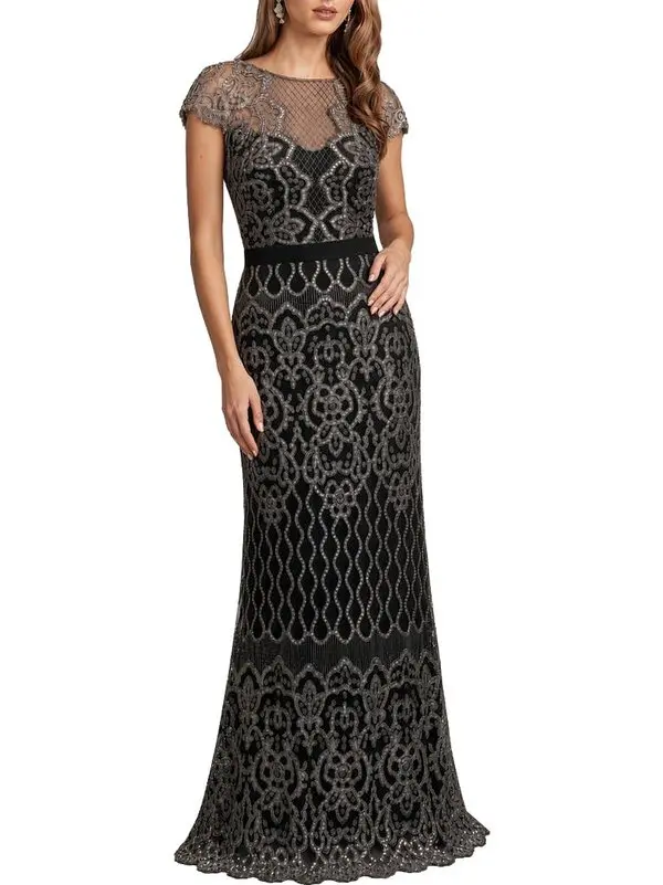 Tadashi Shoji Sequin Lace Illusion Gown - Dark Pearl/black