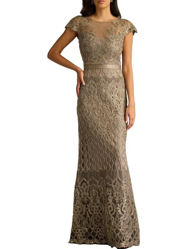 Tadashi Shoji Sequin Lace Illusion Gown - Smoke Pearl